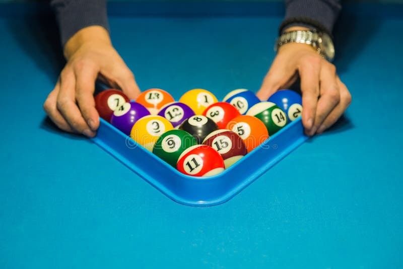 Close Up of Man Hands Holding Triangle Frame with Billiard Pool Stock ...
