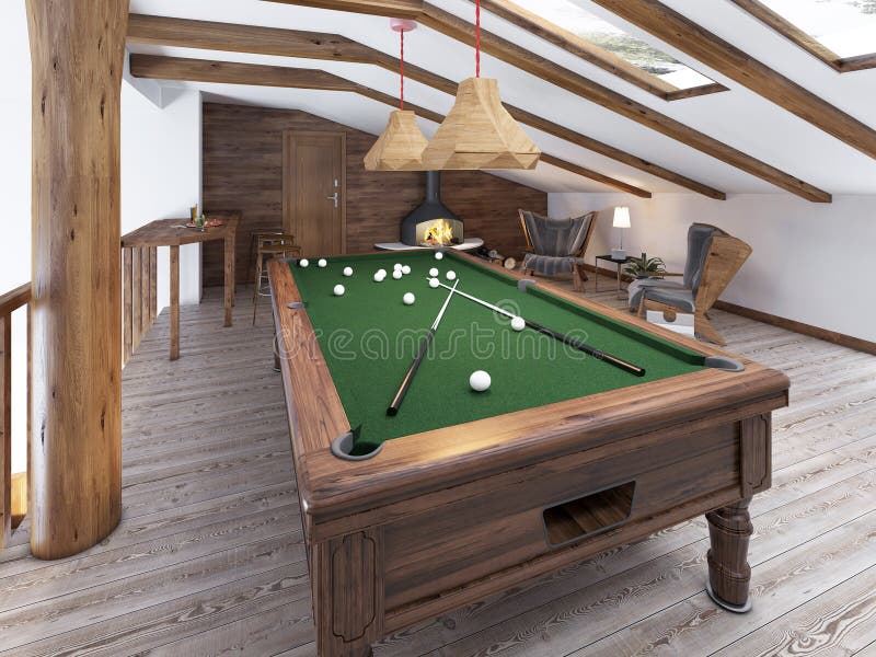 Billiard Room in the Attic with Sitting Area and Fireplace. Stock Image ...