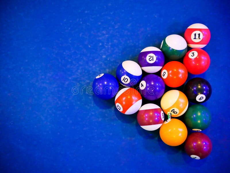 Billiard Snooker Pyramid Balls on Pool Blue Table Stock Image - Image ...