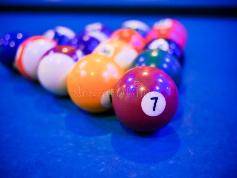 Billiard Snooker Pyramid Balls on Pool Blue Table Stock Image - Image ...