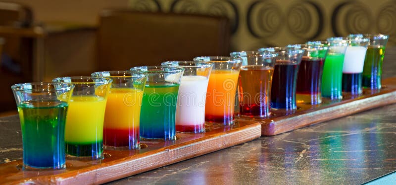 On a Billiard Table Stand with Coloured Glasses of Alcohol. Stock Photo ...