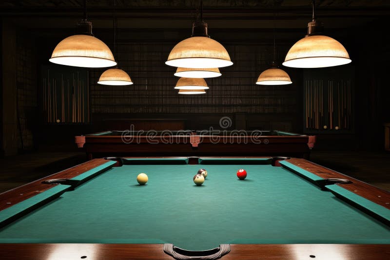 Billiard Tables with Pool Balls and Dim Lighting in a Game Room during ...