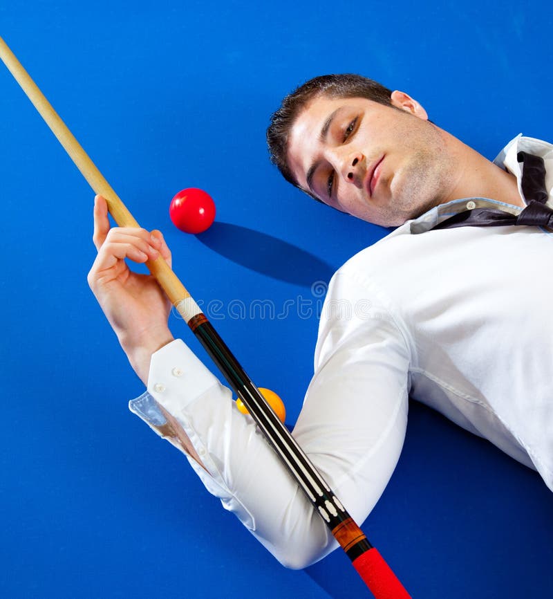 Billiard Young Man Player Lying on Pool Blue Table Stock Image - Image ...