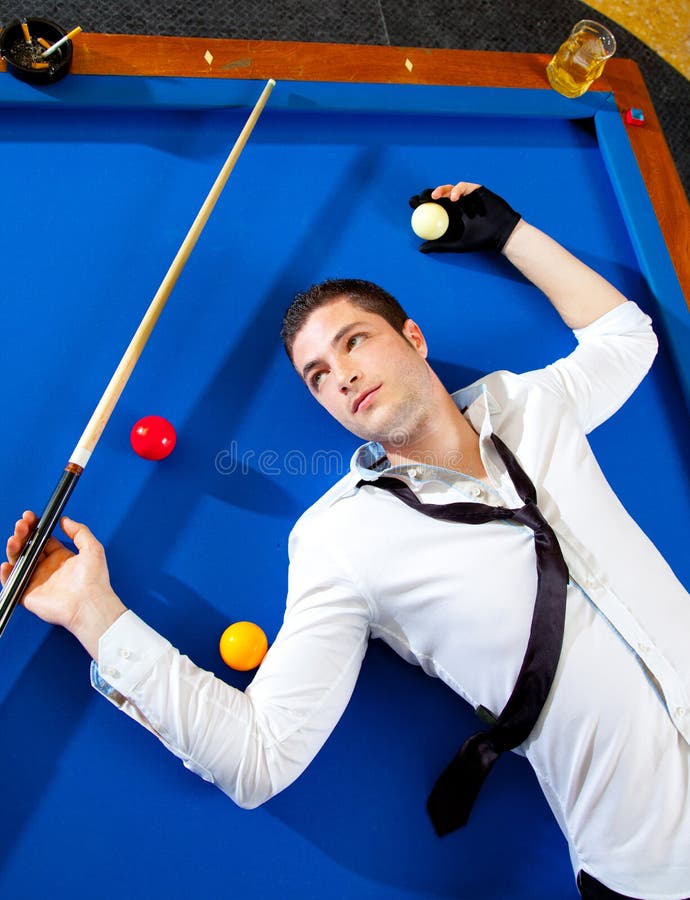 Billiard Young Man Player Lying on Pool Blue Table Stock Image - Image ...