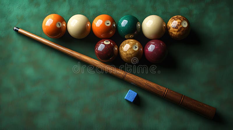 Billiards Balls, Cue, Chalk on Green Felt Table, Game Setup Stock ...