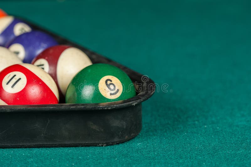 Billiards Balls and Cue on Billiards Table. Billiard Sport Concept ...
