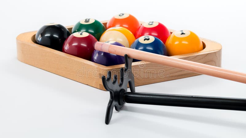 Pool Nine Ball Rack with a Bridge and Cue Stick Stock Image - Image of ...