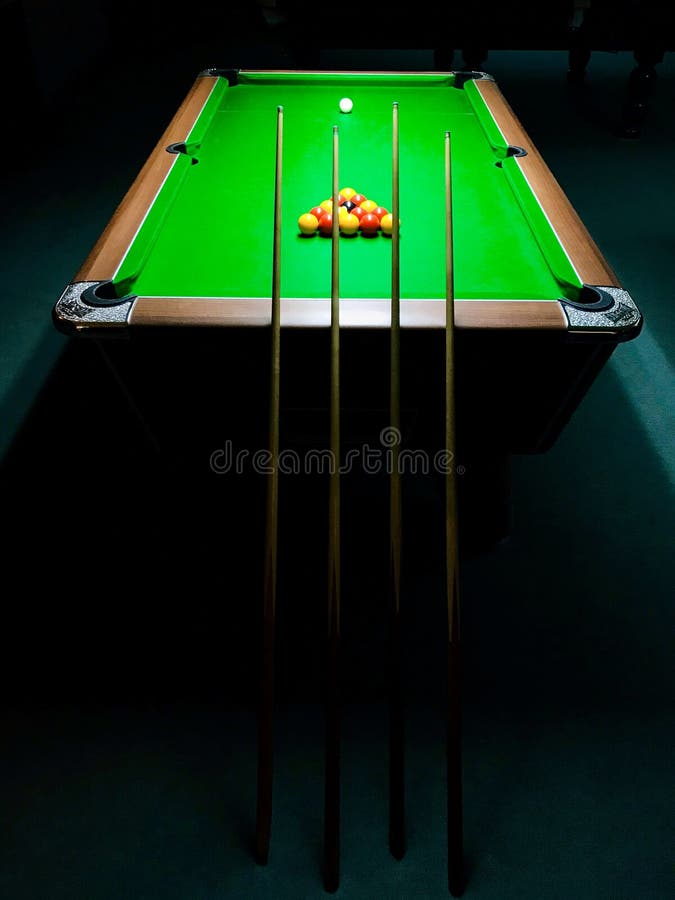 Pool table in dark room stock photo. Image of table - 234811958