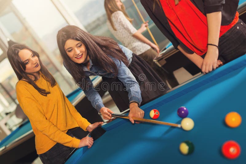 Billiards Game. Group of Friends Playing Pool Together. Stock Photo ...
