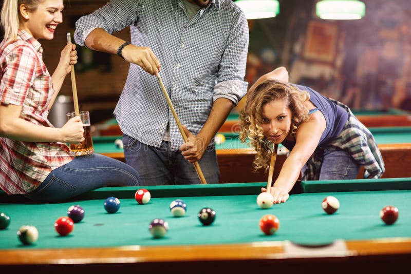 Billiards Game. Smiling Friends Playing Pool Together Stock Image ...