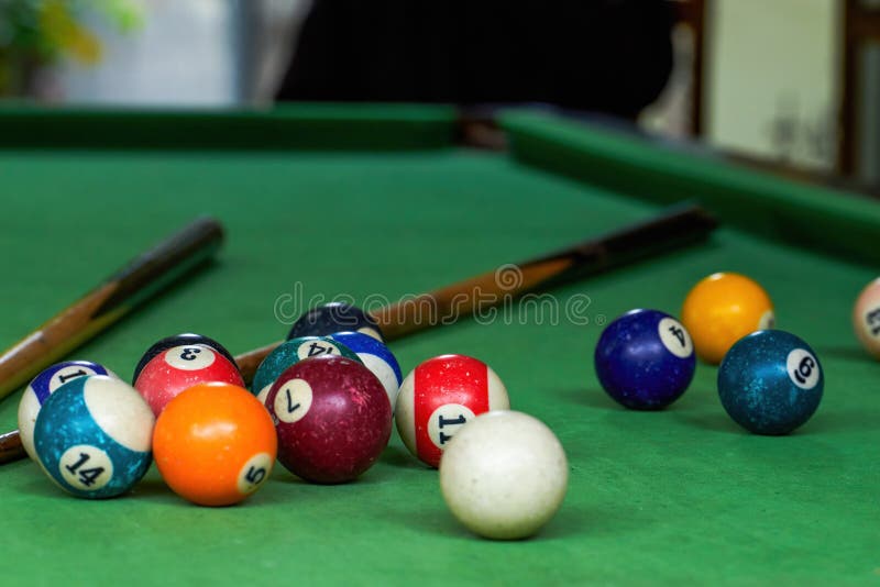Billiards and Pool Cues on the Pool Table Stock Photo - Image of blue ...