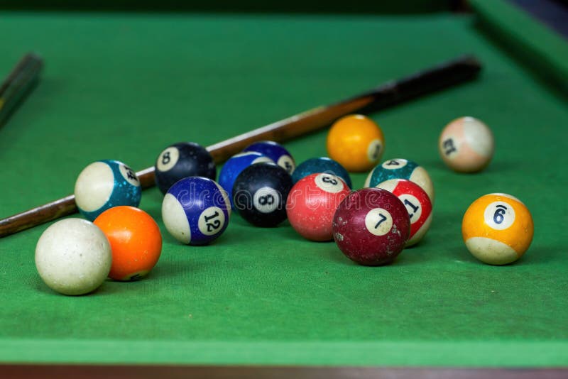Billiards and Pool Cues on the Pool Table Stock Image - Image of table ...