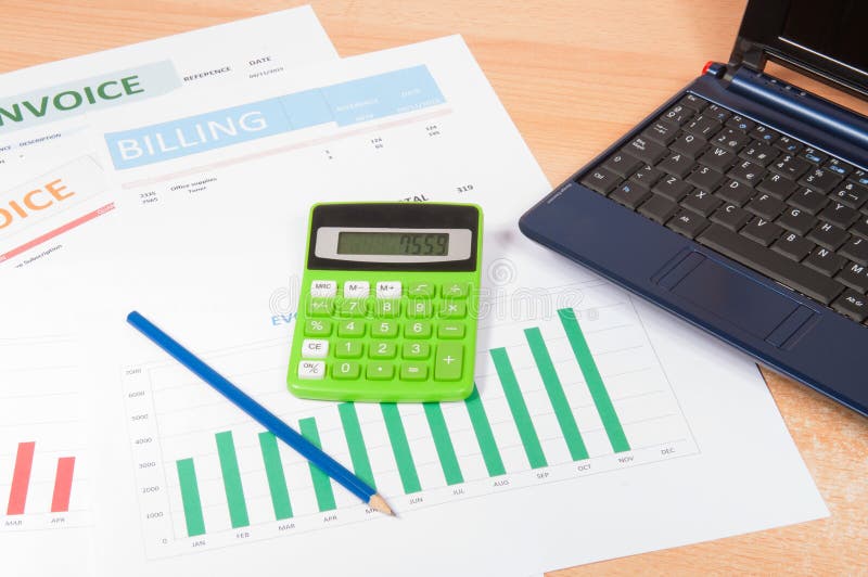 Bills, Calculator and Notebook Stock Photo - Image of equipment, graph ...