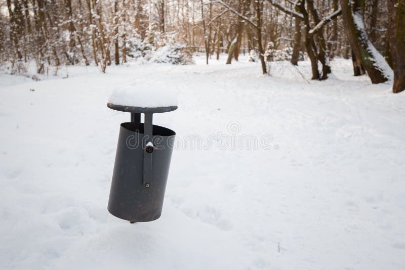 Bin on the Street in Winter in the Snow. Trash Can Covered with Snow ...