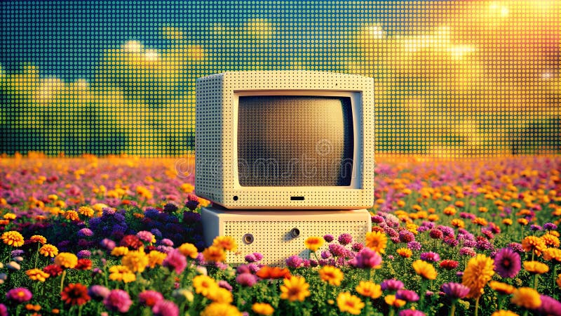 Binary Bloom: a Halftone Computer Emerging from a Field of Flowers ...