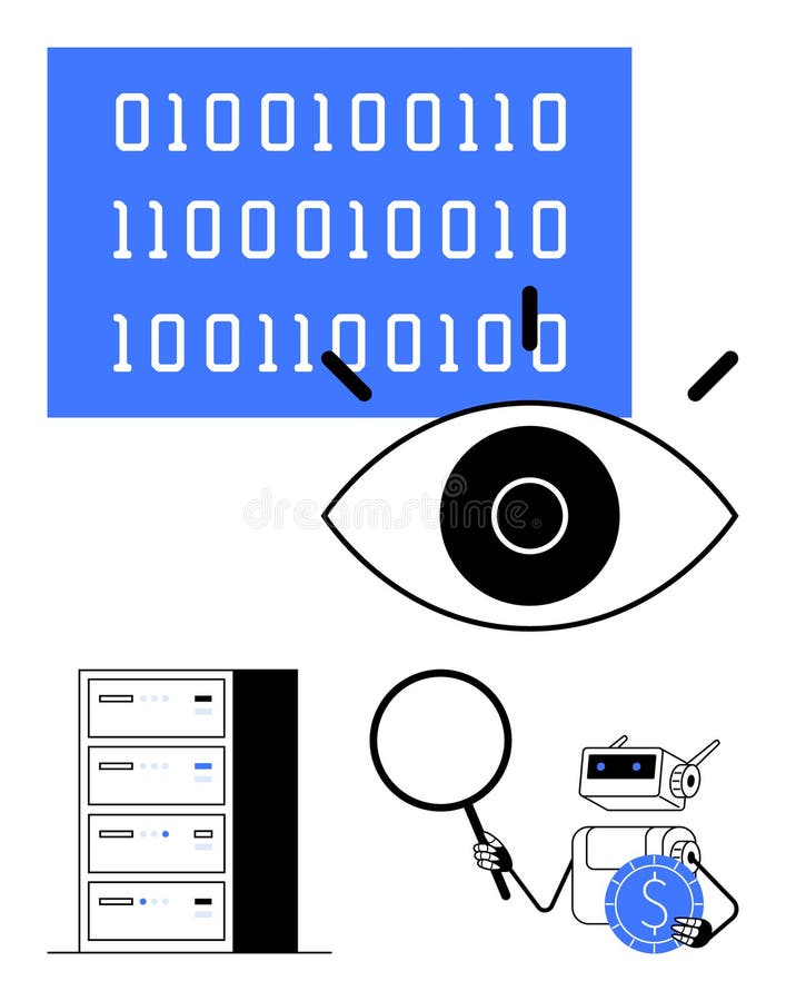 Robot Analyzing Data with Magnifier, Binary Code, Eye, and Server for AI and Tech Concepts Stock ...