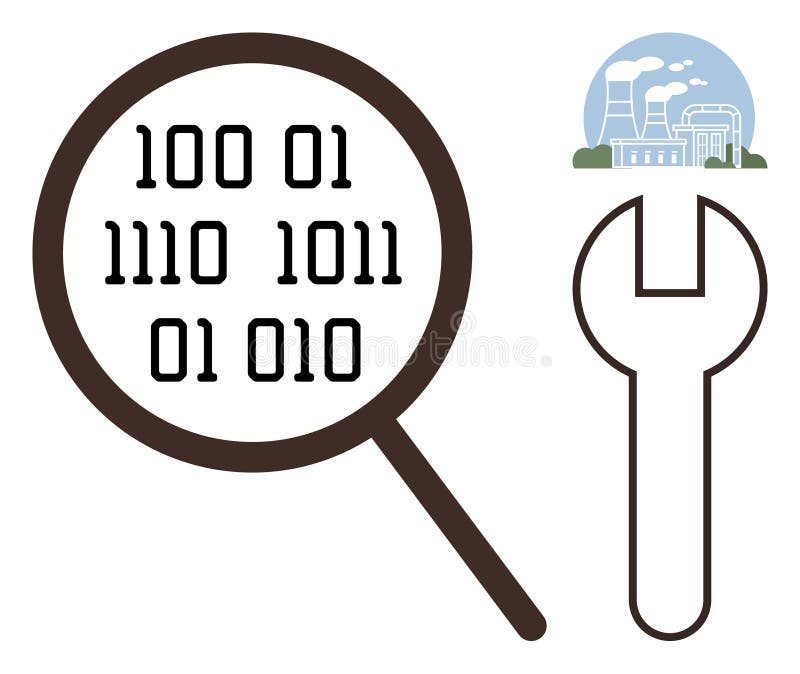 Binary Code Analysis Magnifying Glass with Factory and Wrench Highlighting Technological ...