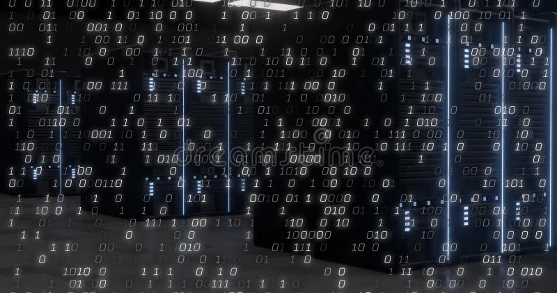 Binary Code Animating Over Servers In Data Center Environment Showcasing Technology Stock