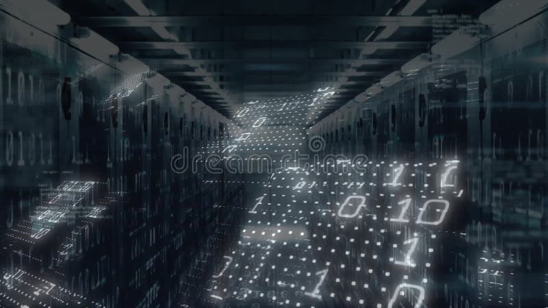 Binary Code Animation Over Data Center Servers In Futuristic Hallway Stock Video Video Of Data