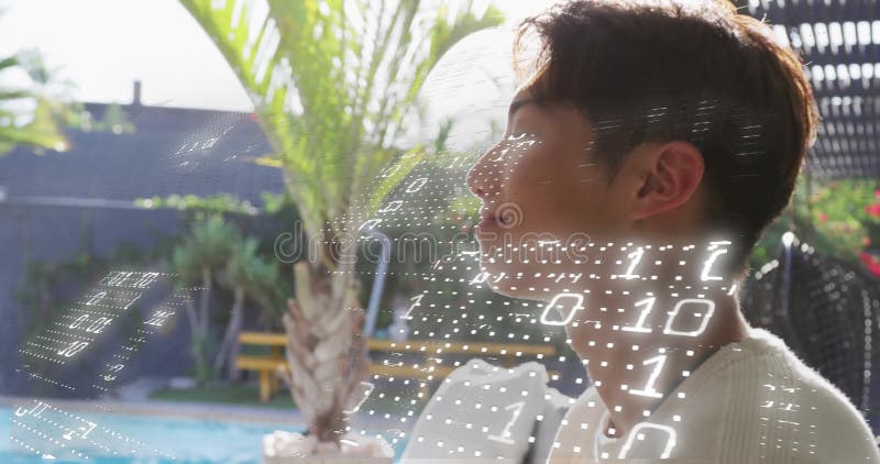 Binary Code Animation Over Person Relaxing by Pool with Palm Trees ...