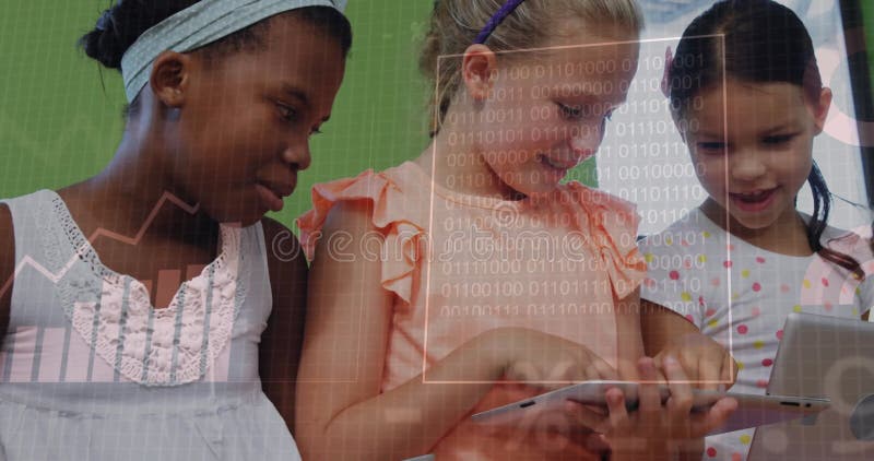 Binary Code Animation Overlaying Children Using Tablet Together in ...
