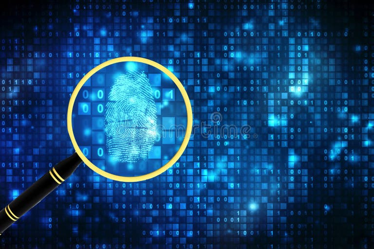 Binary Code Backdrop with Magnifier and Finger Print. Biometrics and Computing Concept Stock ...