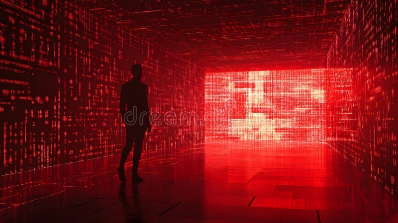 Binary Code Background Black And Red Color Matrix With Lines Creating