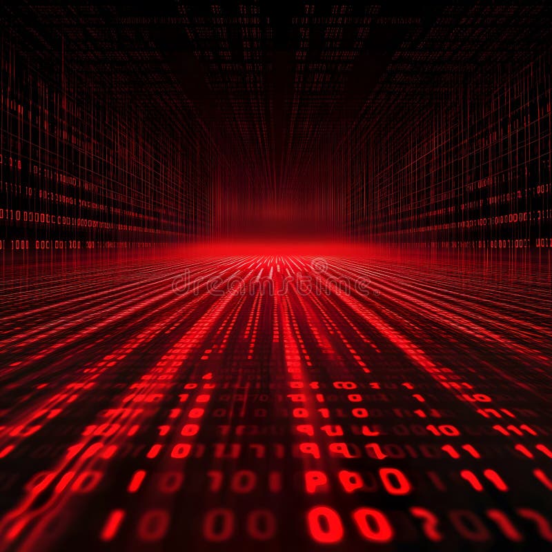 Binary Code Background Black And Red Color Matrix With Lines Creating A Technological