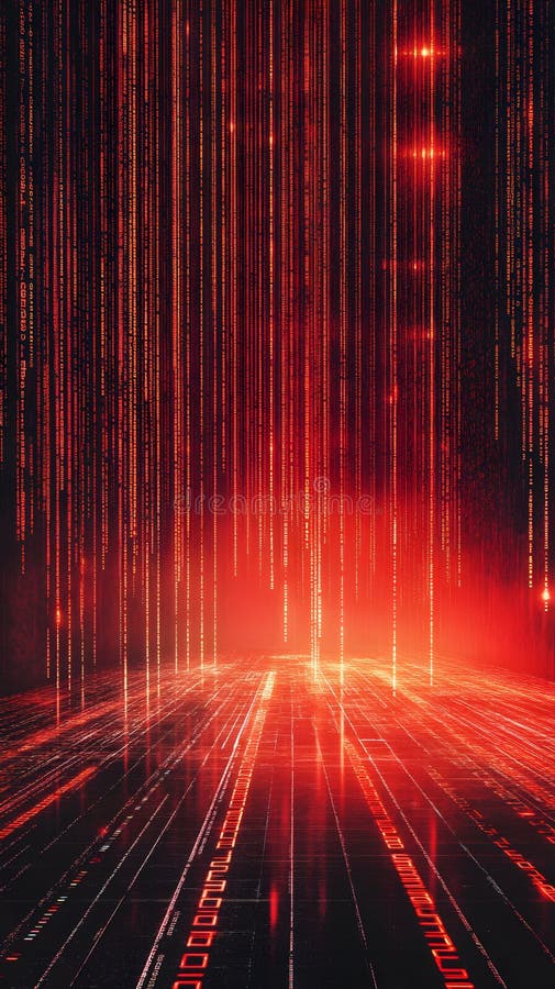 Binary Code Background Black And Red Color Matrix With Lines Creating