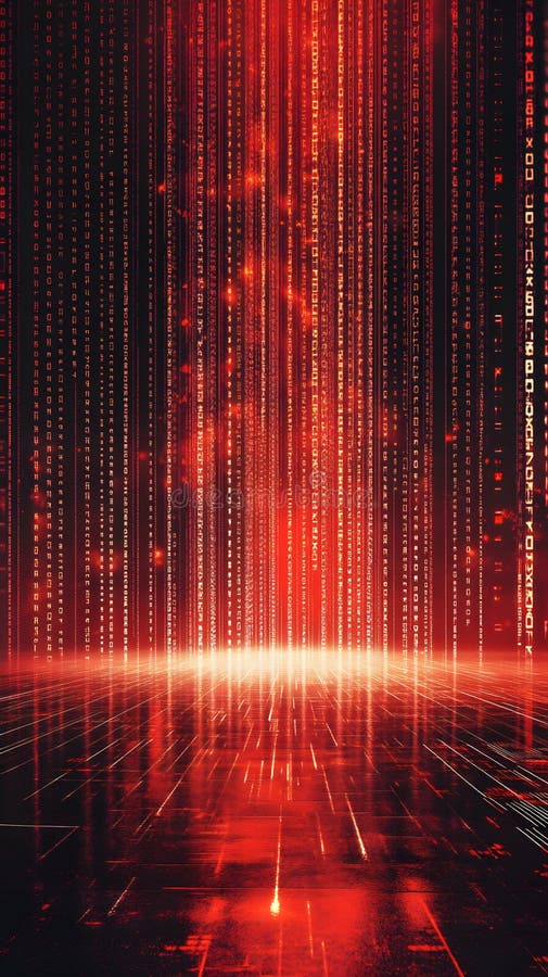 Binary Code Background Black And Red Color Matrix With Lines Creating A Technological