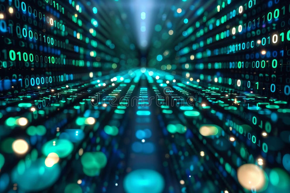 Binary Code Background with Digital Data Flowing through the Screen. Blue and Green Colors ...