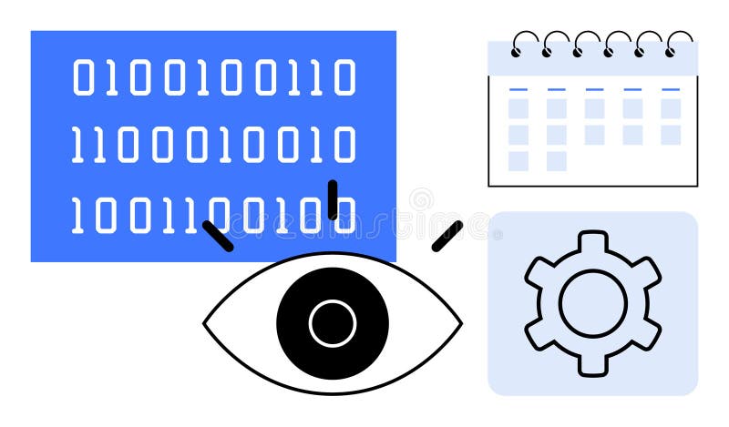 Data Analysis and Automation with Binary Code, Calendar, Eye, and Gear Elements Stock Vector ...