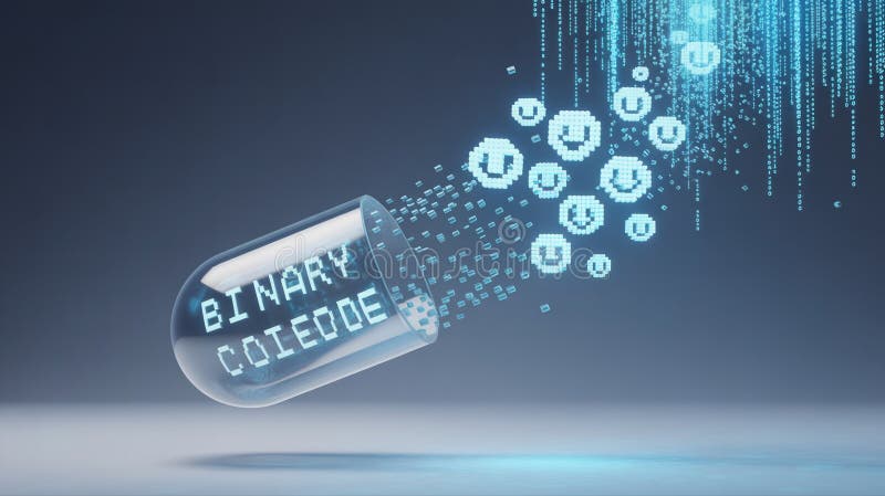Binary Code Capsule Releasing Emojis and Data Stream, Digital Medicine ...