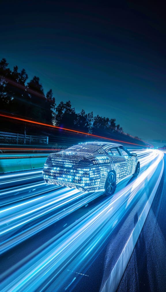 Binary Code Car Racing on Highway with Glowing Trails and Motion Blur ...