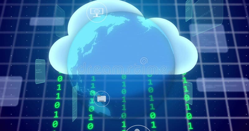 Binary Code and Cloud Computing Icons Image Over Globe and Grid Background Stock Illustration ...