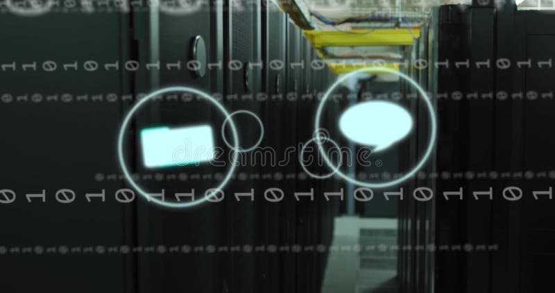 Binary Code And Communication Icons Animation Over Data Center Servers