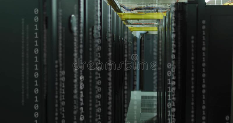 Binary Code And Communication Icons Image Over Data Center Servers