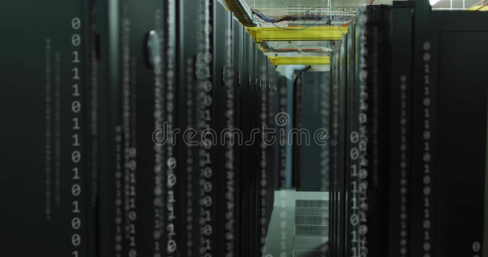 Binary Code and Communication Icons Image Over Data Center Servers ...