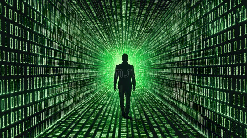 Binary Code Corridor a Figure Navigating the Digital Realm of Ones and Zeros in Green Stock ...