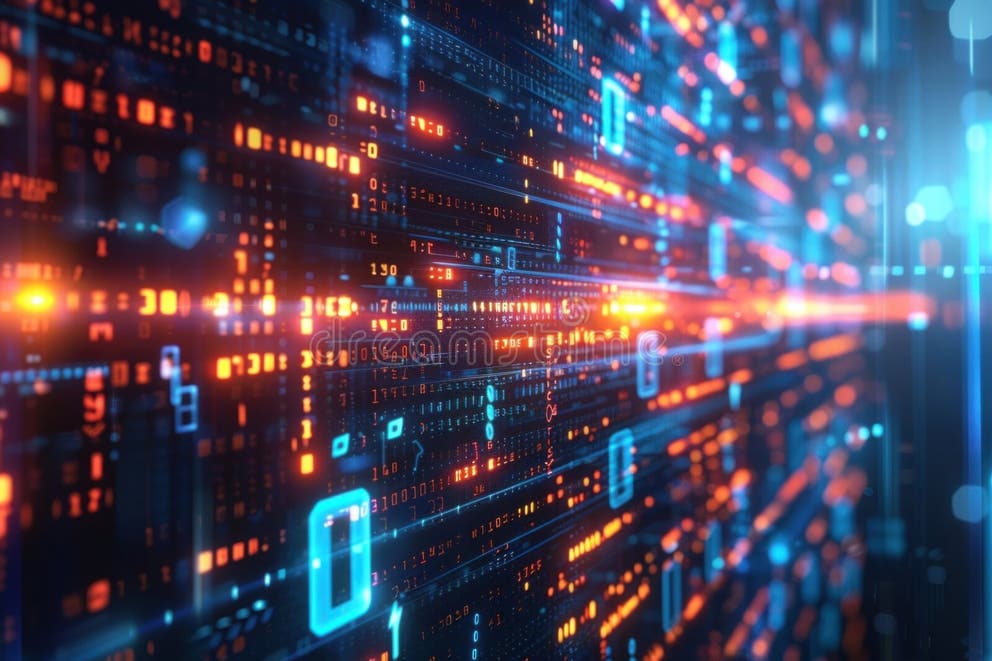 Binary Code on Dark Blue Background. Glowing Orange and Blue Numbers ...