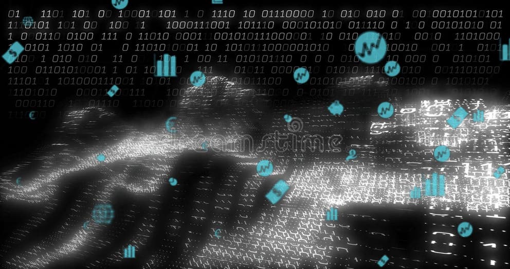 Binary Code and Data Analytics Icons Over Digital Landscape Image Stock Photo - Image of ...