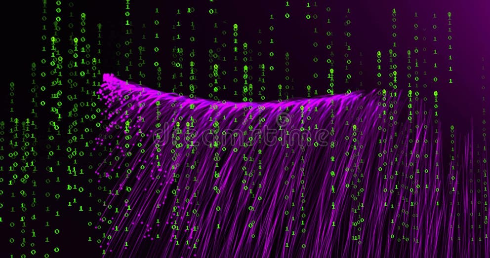 Binary Code and Data Flow Image Over Purple Fiber Optic Strands Stock Illustration ...