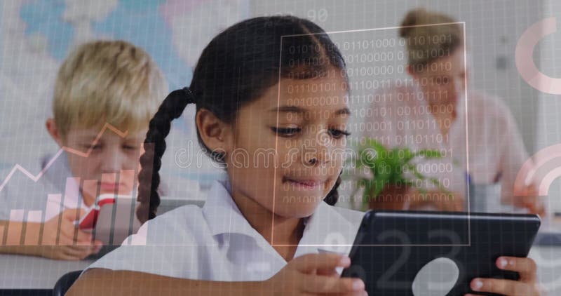 Binary Code and Data Processing Animation Over Children Using Tablets in Classroom Stock Footage ...