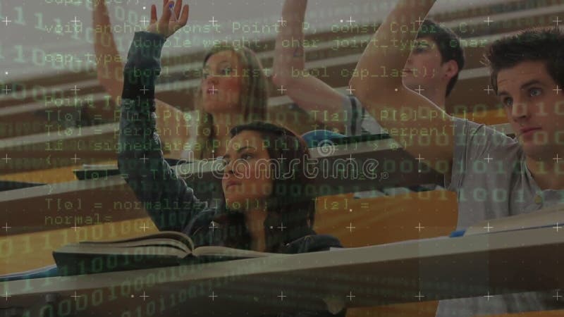 Binary Code and Data Processing Animation Over Students Raising Hands in Classroom Stock Video ...