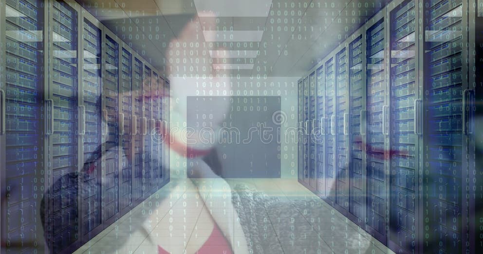 Binary Code and Data Processing Image Over Server Room with Racks Stock ...