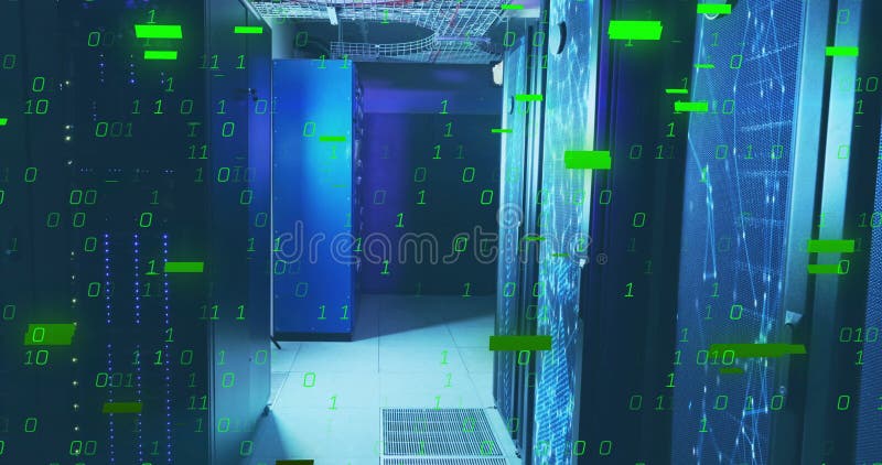 Binary Code and Data Processing Image Over Server Room Stock Photo - Image of network ...