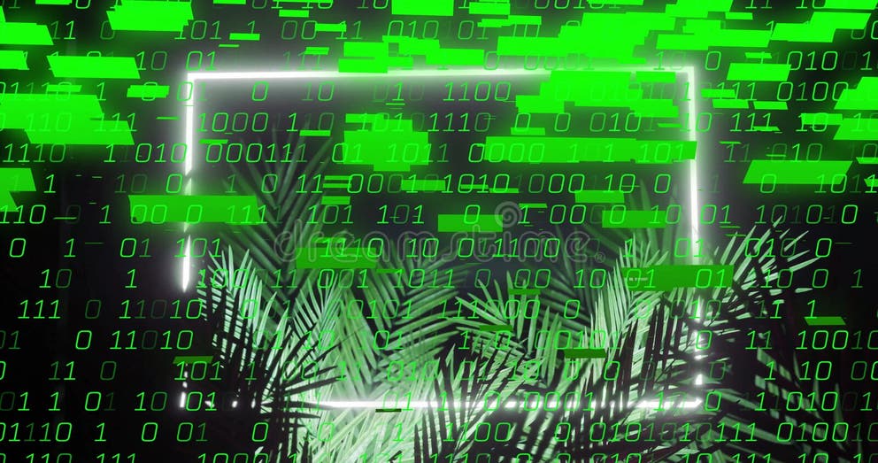 Binary Code and Data Processing Image Over Tropical Palm Leaves Stock Illustration ...