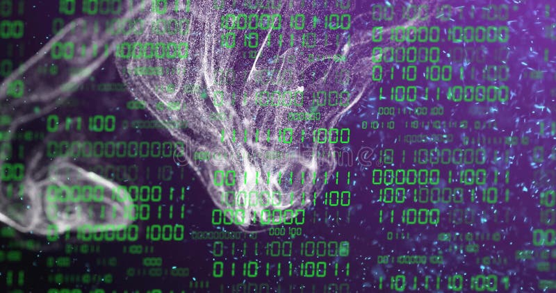 Binary Code and Data Processing Over Abstract Image of Swirling Shapes Stock Illustration ...
