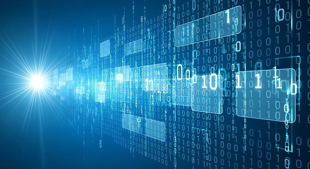 Binary Code Data Stream with Bright Light Technology Digital Stock Illustration - Illustration ...