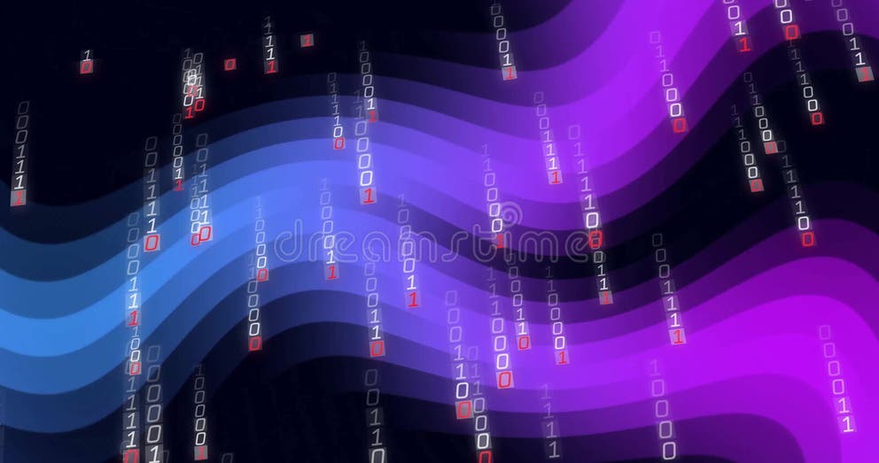 Binary Code and Data Streams Over Purple and Blue Waves, Digital Image Stock Image - Image of ...